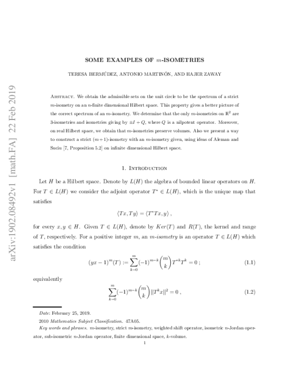 (PDF) Some Examples of m-Isometries | Antonio Martinón - Academia.edu