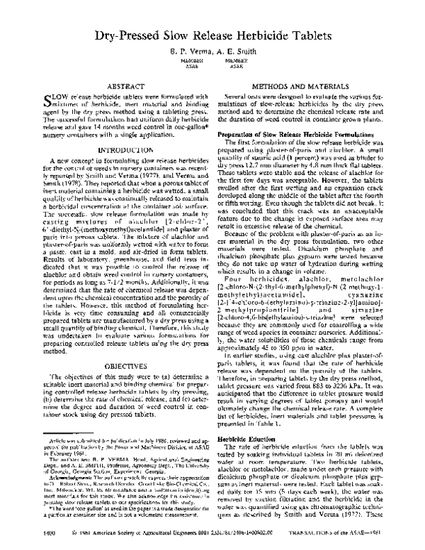 (PDF) Dry-Pressed Slow Release Herbicide Tablets