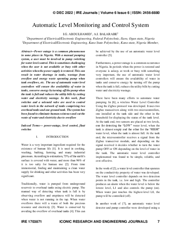 (PDF) Automatic Level Monitoring and Control System