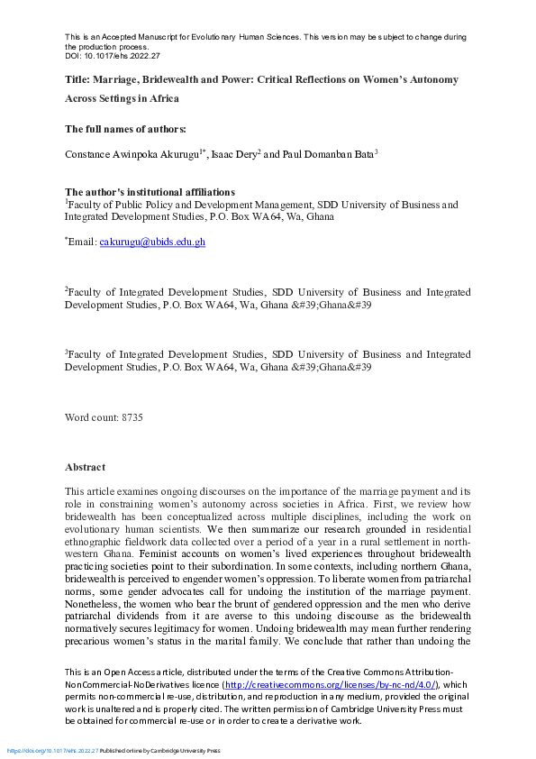 (PDF) Marriage, bridewealth and power: critical reflections on women's ...
