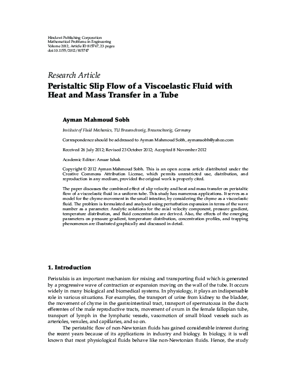 (PDF) Peristaltic Slip Flow of a Viscoelastic Fluid with Heat and Mass Transfer in a Tube ...