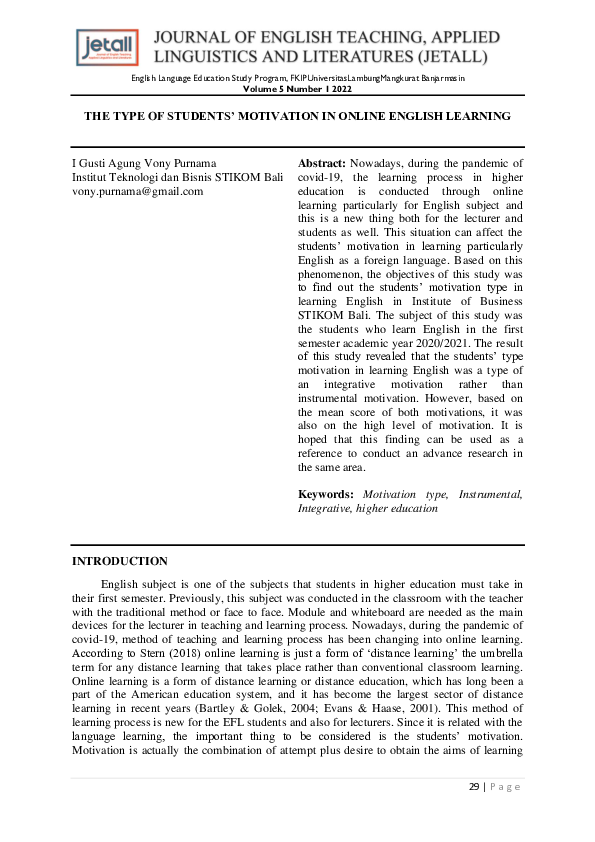 (PDF) The Type of Students’ Motivation in Online English Learning