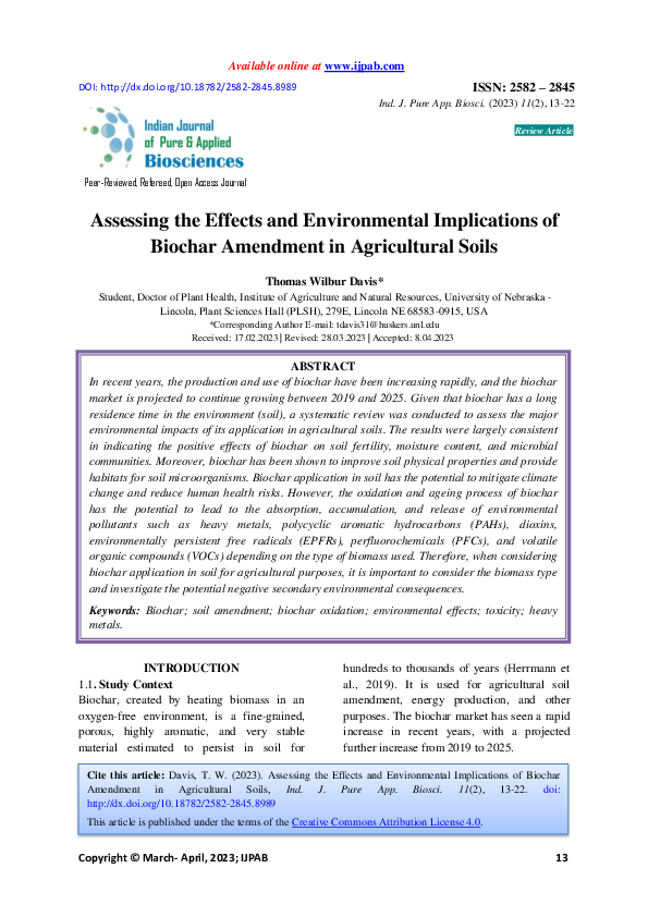 (PDF) Assessing the Effects and Environmental Implications of Biochar Amendment in Agricultural ...