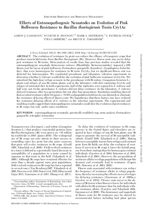 (PDF) Effects of Entomopathogenic Nematodes on Evolution of Pink Bollworm Resistance to Bacillus ...