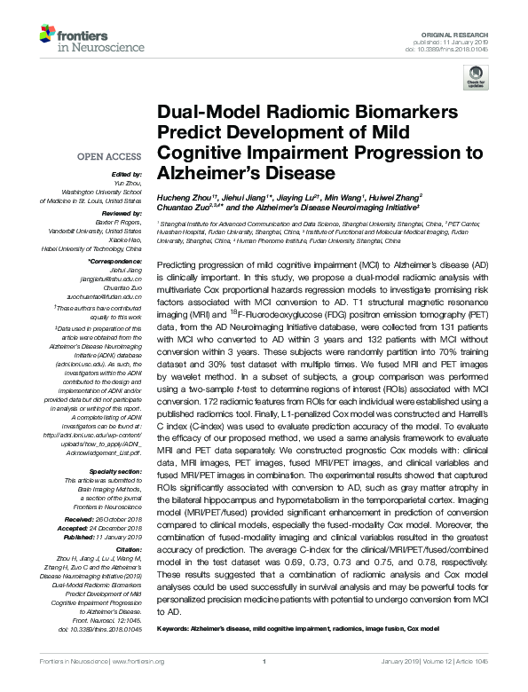 (PDF) Dual-Model Radiomic Biomarkers Predict Development of Mild Cognitive Impairment ...