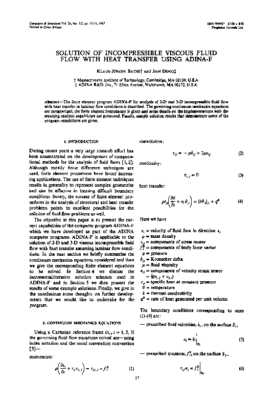 (PDF) Solution of incompressible viscous fluid flow with heat transfer using ADINA-F