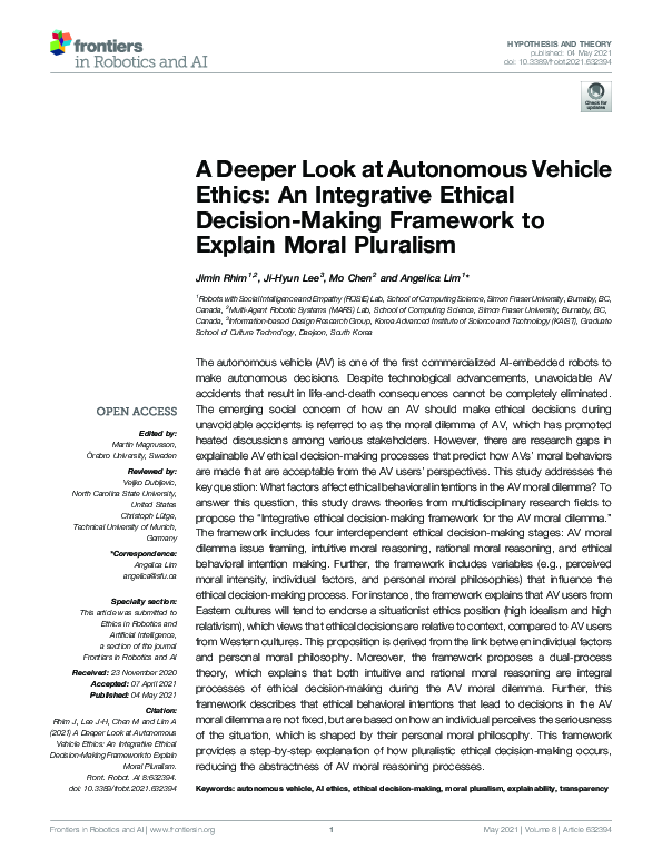 (PDF) A Deeper Look at Autonomous Vehicle Ethics: An Integrative ...