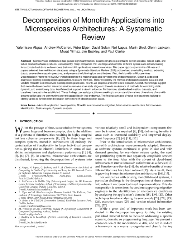 (PDF) Decomposition of Monolith Applications Into Microservices Architectures: A Systematic Review