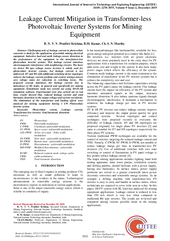 Pdf Leakage Current Mitigation In Transformer Less Photovoltaic Inverter Systems For Mining