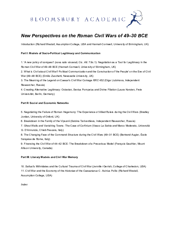 (PDF) New Perspectives on the Roman Civil Wars of 49-30 BCE. Bloomsbury ...