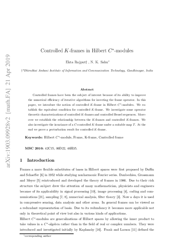 (PDF) FA ] 2 1 A pr 2 01 9 Controlled K-frames in Hilbert C ∗-modules