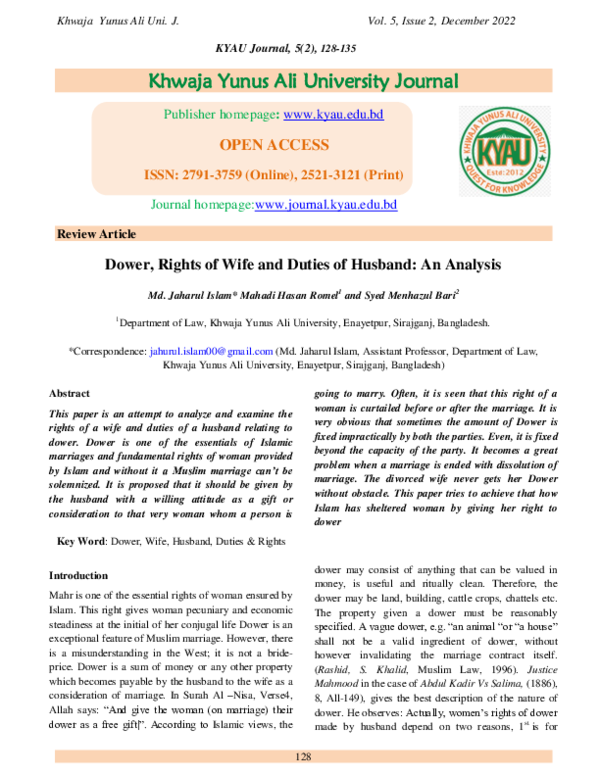 (PDF) Dower, Rights of Wife and Duties of Husband: An Analysis