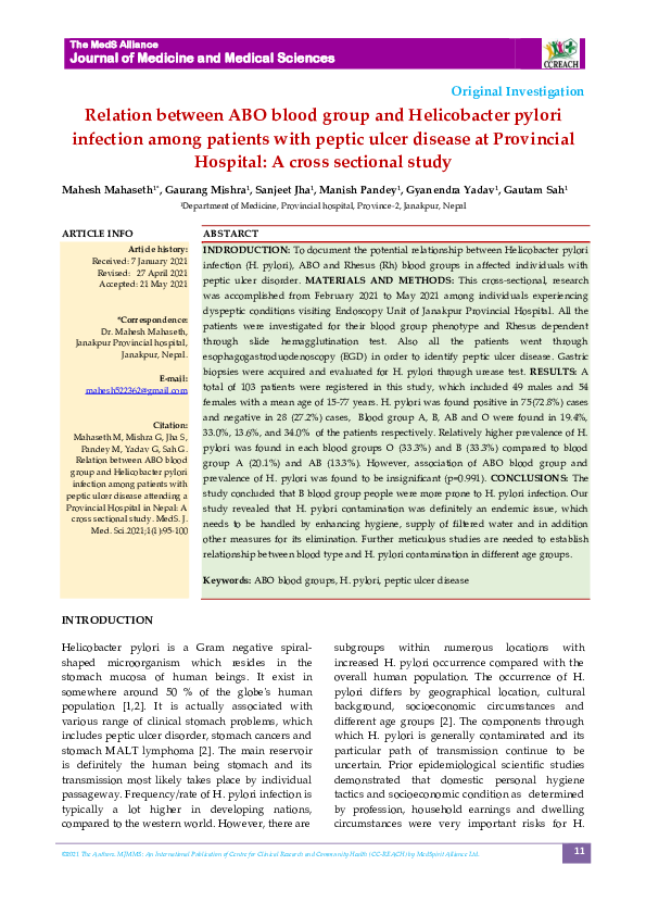 (PDF) Relation between ABO blood group and Helicobacter pylori infection among patients with ...