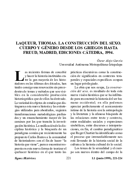 (PDF) . La construcción del sexo. Cuerpo y género. THOMAS LAQUEUR ...