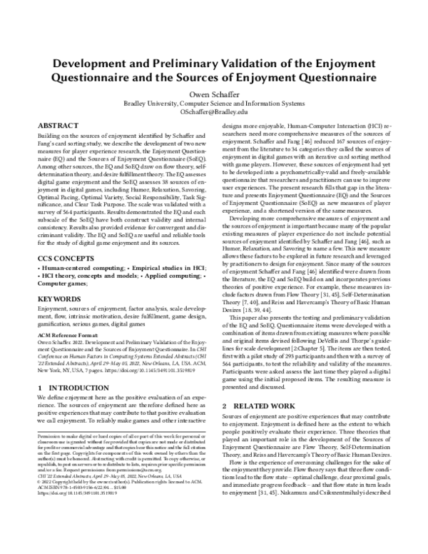 (PDF) Development and Preliminary Validation of the Enjoyment Questionnaire and the Sources of ...