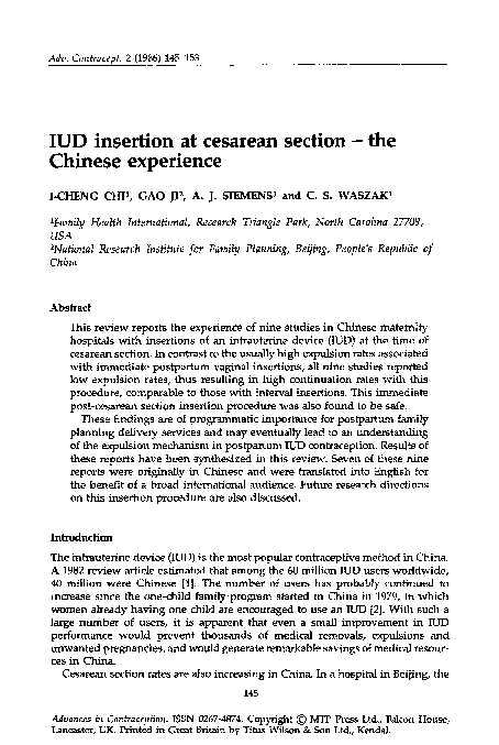 (PDF) IUD insertion at cesarean section — the Chinese experience