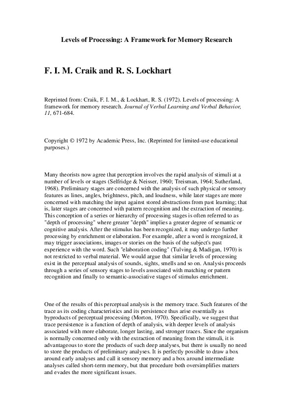 (PDF) Levels of processing: A framework for memory research