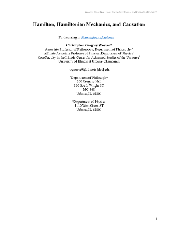 (PDF) Hamilton, Hamiltonian Mechanics, and Causation