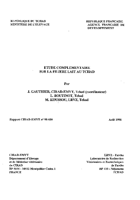 (PDF) Etude complémentaire sur la filière lait au Tchad
