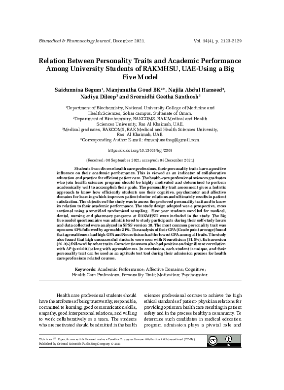 Pdf Relation Between Personality Traits And Academic Performance