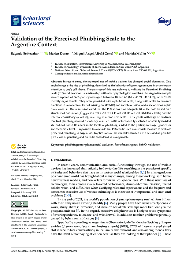 Pdf Validation Of The Perceived Phubbing Scale To The Argentine Context Marian Durao