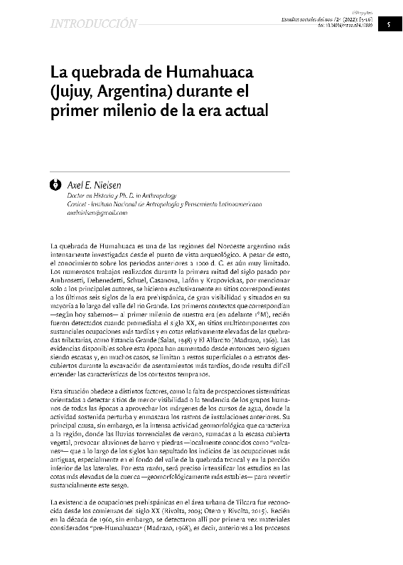 (PDF) La quebrada de Humahuaca Jujuy Argentina durante el primer milenio de la era actual