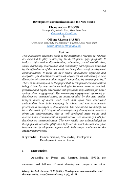 (PDF) Development communication and the New Media