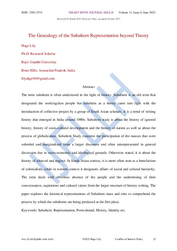 (PDF) The Genealogy of the Subaltern Representation beyond Theory