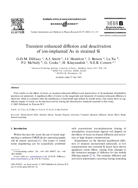 (PDF) Transient Enhanced Diffusion and Deactivation of High-Dose Implanted Arsenic in Silicon
