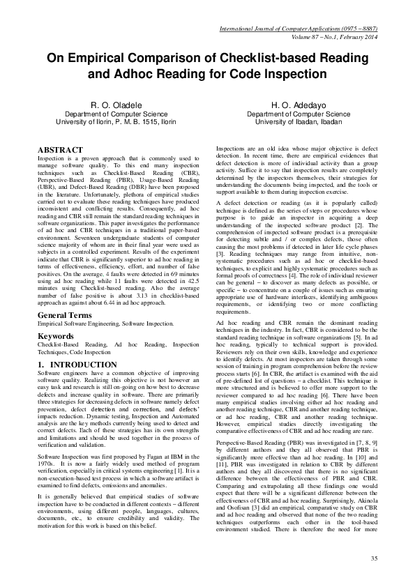 (PDF) On Empirical Comparison of Checklist-based Reading and Adhoc Reading for Code Inspection