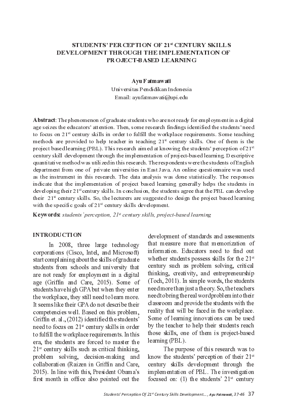 (PDF) STUDENTS’ PERCEPTION OF 21st CENTURY SKILLS DEVELOPMENT THROUGH THE IMPLEMENTATION OF ...