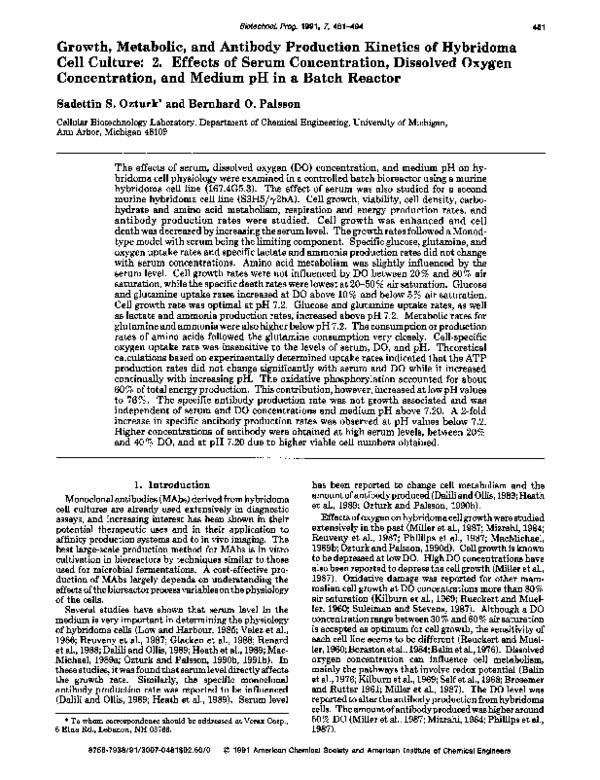(PDF) Growth, metabolic, and antibody production kinetics of hybridoma cell culture: 1. Analysis ...