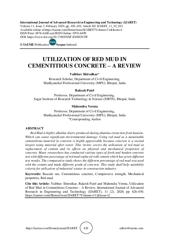 (PDF) UTILIZATION OF RED MUD IN CEMENTITIOUS CONCRETE -A REVIEW