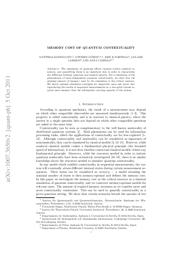 (PDF) Memory cost of quantum contextuality