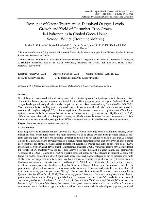 (PDF) Response of Ozone Treatment on Dissolved Oxygen Levels, Growth ...