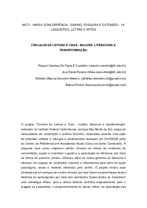 (PDF) Círculos De Leitura e Cras - Mulher, Literatura e Transformação