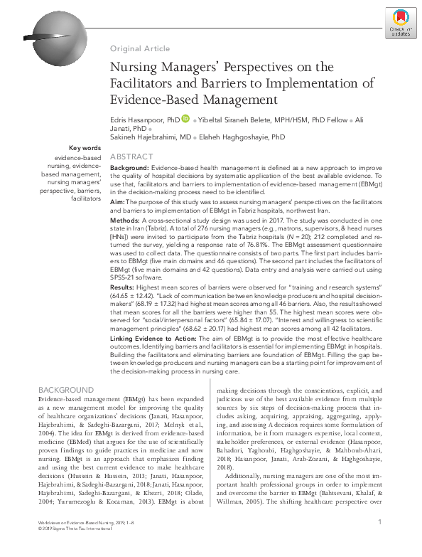 (PDF) Nursing Managers’ Perspectives on the Facilitators and Barriers to Implementation of ...