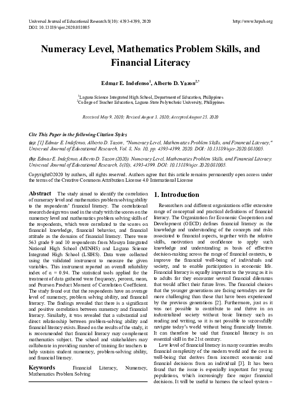 (PDF) Numeracy Level, Mathematics Problem Skills, and Financial Literacy