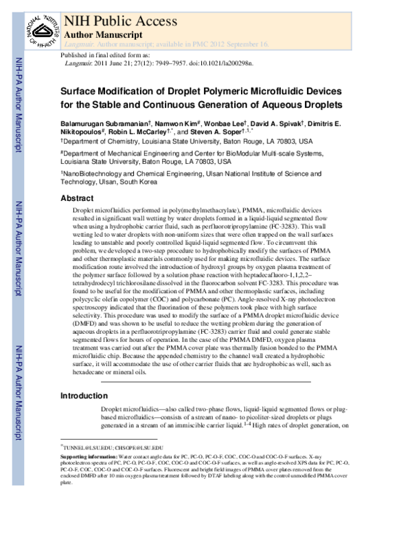 (PDF) Surface Modification of Droplet Polymeric Microfluidic Devices ...