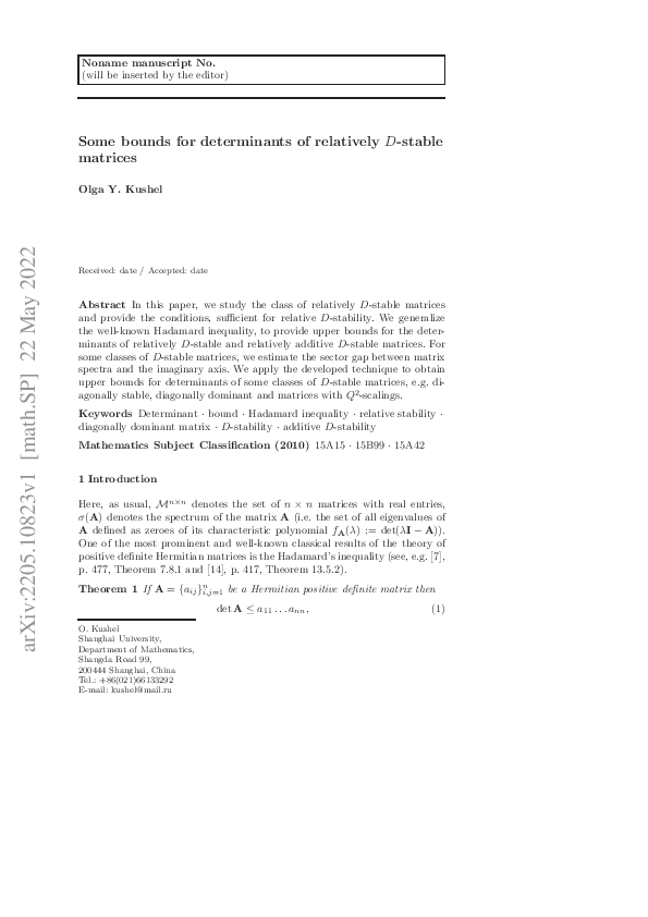 (PDF) Some bounds for determinants of relatively D-stable matrices