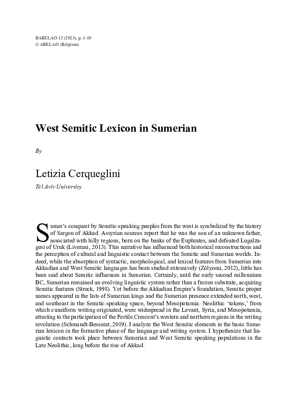 (PDF) West Semitic Lexicon in Sumerian