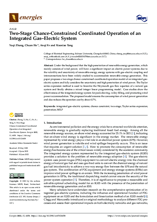 (PDF) Two-Stage Chance-Constrained Coordinated Operation of an Integrated Gas–Electric System
