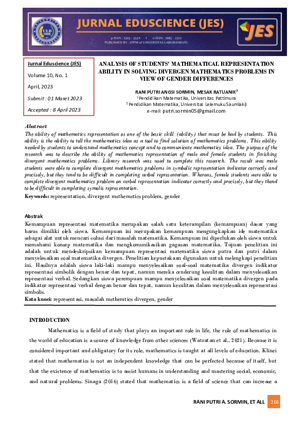 (PDF) Analysis of Students' Mathematical Representation Ability in Solving Divergen Mathematics ...