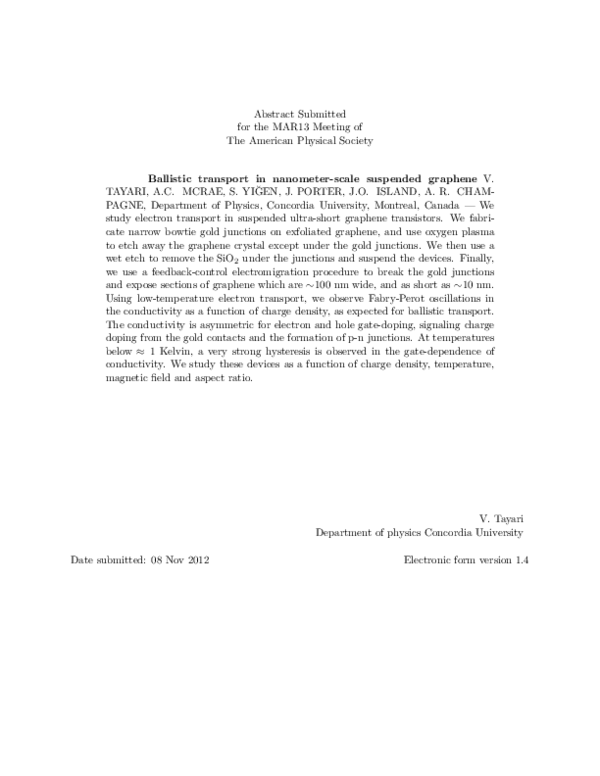 (PDF) Ballistic transport in nanometer-scale suspended graphene | V ...