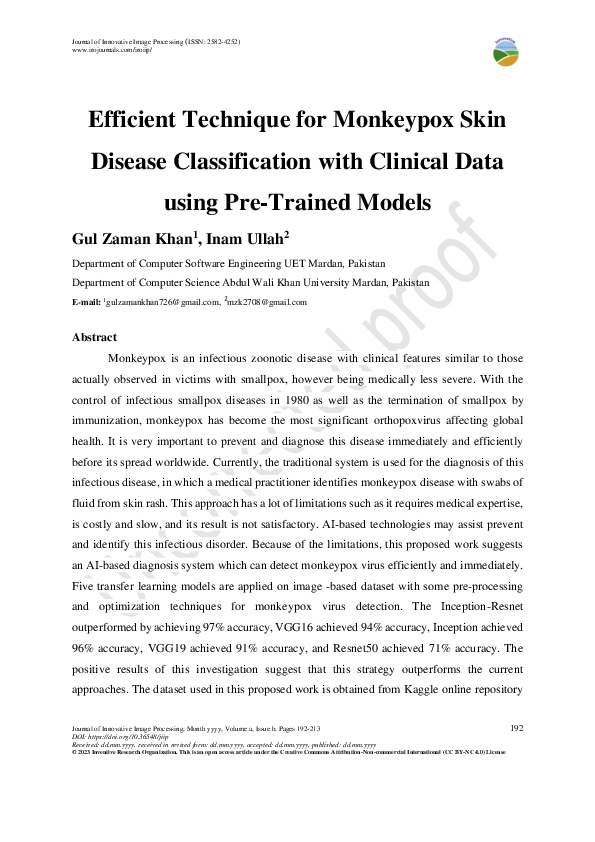 (PDF) Efficient Technique for Monkeypox Skin Disease Classification with Clinical Data using Pre ...