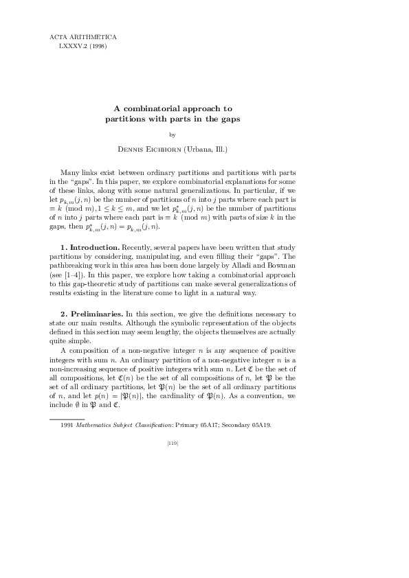 (PDF) A combinatorial approach to partitions with parts in the gaps