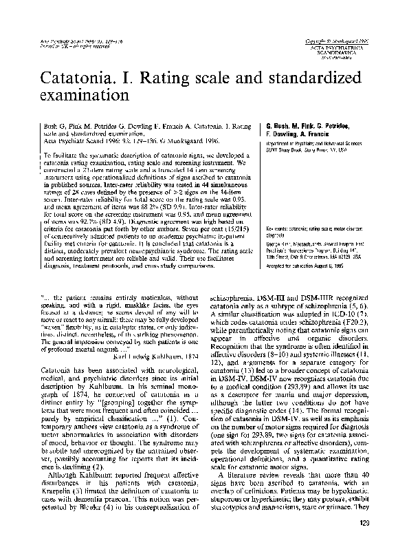 (PDF) Catatonia. I. Rating scale and standardized examination