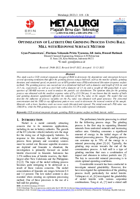 (PDF) Optimization of Laterite Ore Grinding Process Using Ball Mill ...