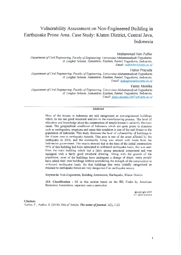 (PDF) Vulnerability Assessment on Non-Engineered Building in Earthquake Prone Area