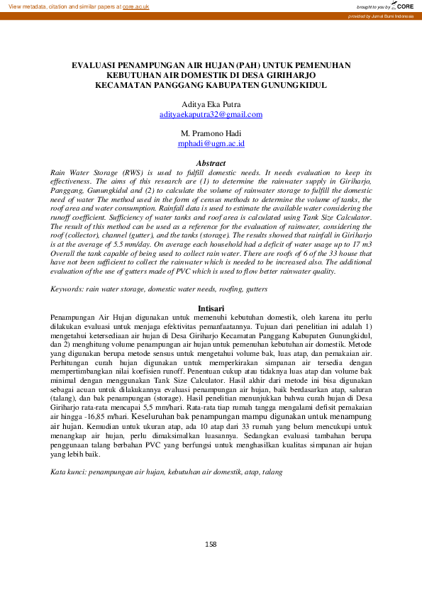 (PDF) Evaluasi Penampungan Air Hujan (Pah) Untuk Pemenuhan Kebutuhan ...